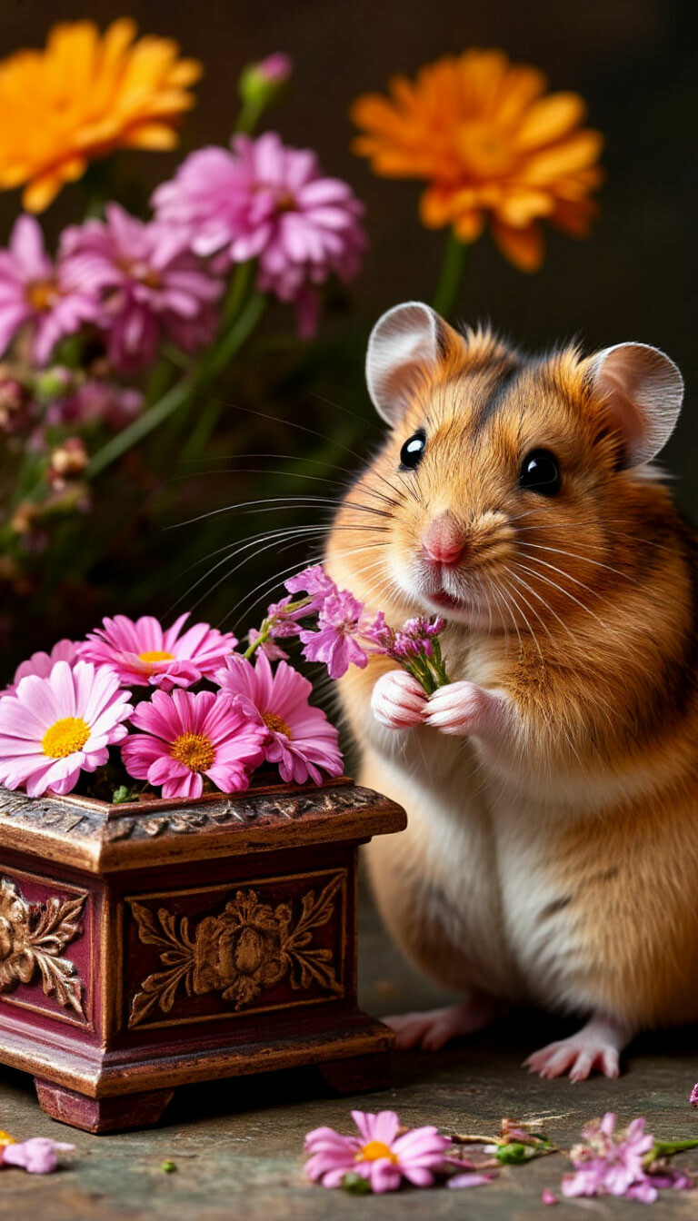 "A hamster holds beautiful flowers near a beautiful coffin." — image ...