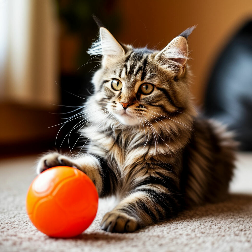 "Cute Maikun the cat plays with a ball" — image created in Shedevrum