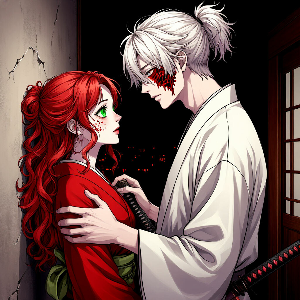 "Anime drawing, A tall guy presses a girl with red wavy hair and green eyes …" — image created ...