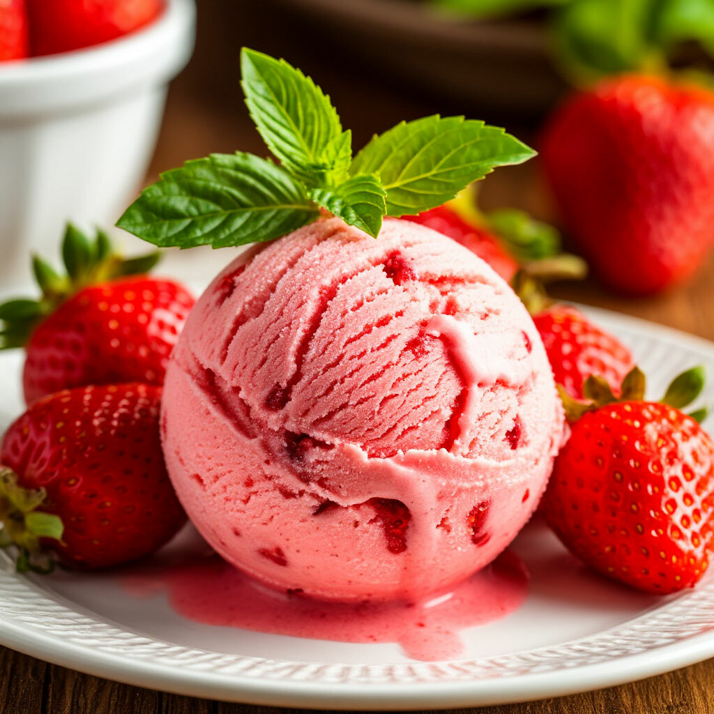 "Strawberry basil-flavored ice cream ball" — image created in Shedevrum