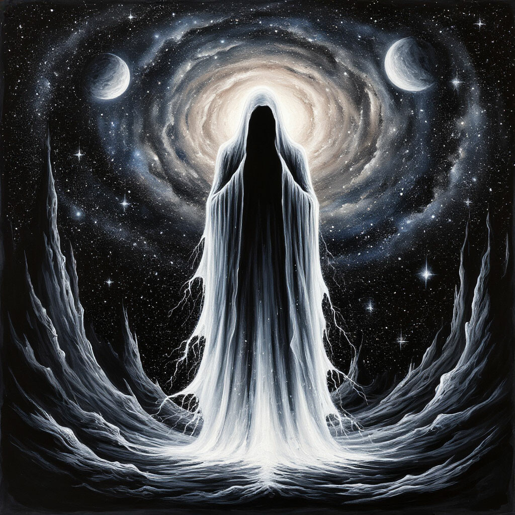 "Cinematic white ink painting, fantasy glowing shadow ghost, galaxy, surrealistic theme, bottom ...