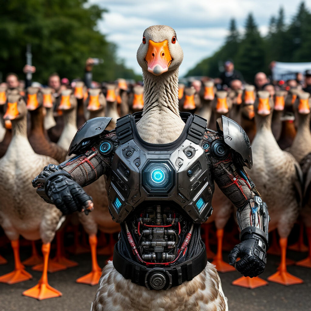 "A cyborg goose dressed as a fighter performs in front of a crowd of ...