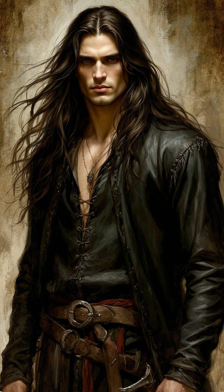 "Full-length tall, strong, handsome, long-haired guy with sharp ...