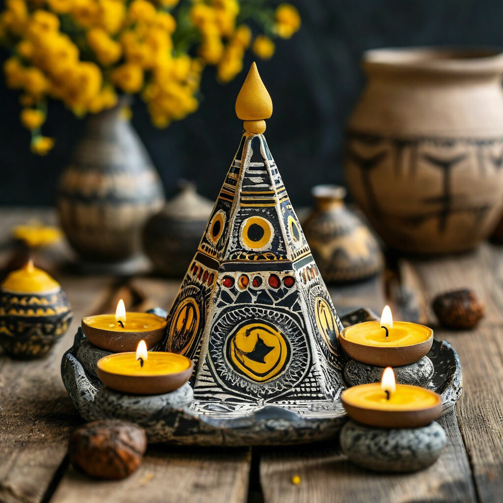 "Ceramic pyramid candle holder professional photography high detail ...