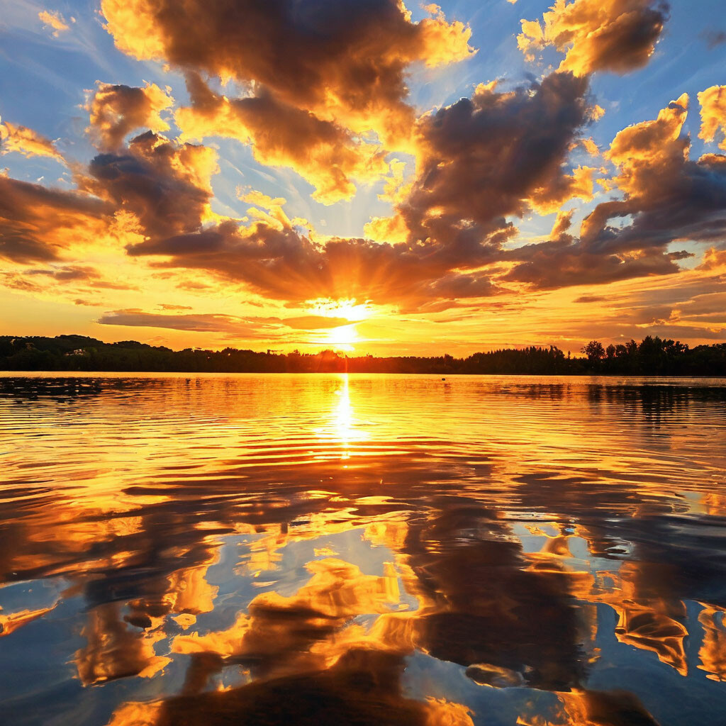 "Reflections of a beautiful sunset and golden clouds in the lake ...