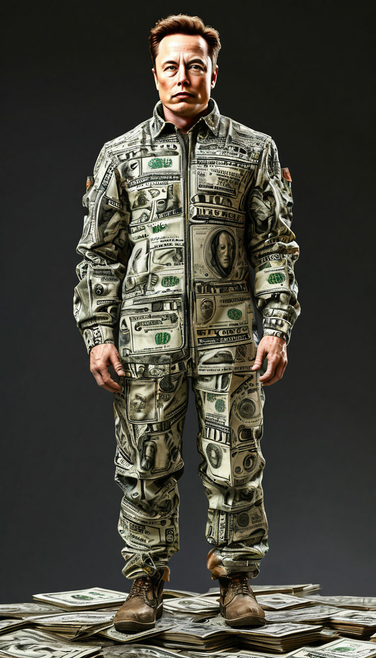 "Elon Musk's entire figure is made of dollars, full-length, large ...