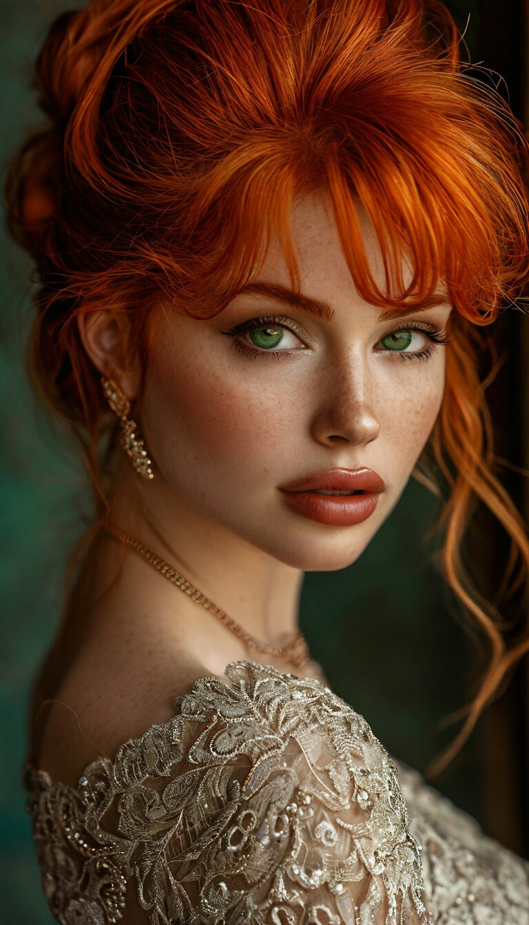 "Incredibly beautiful with a fiery red high hairstyle, almond-shaped ...