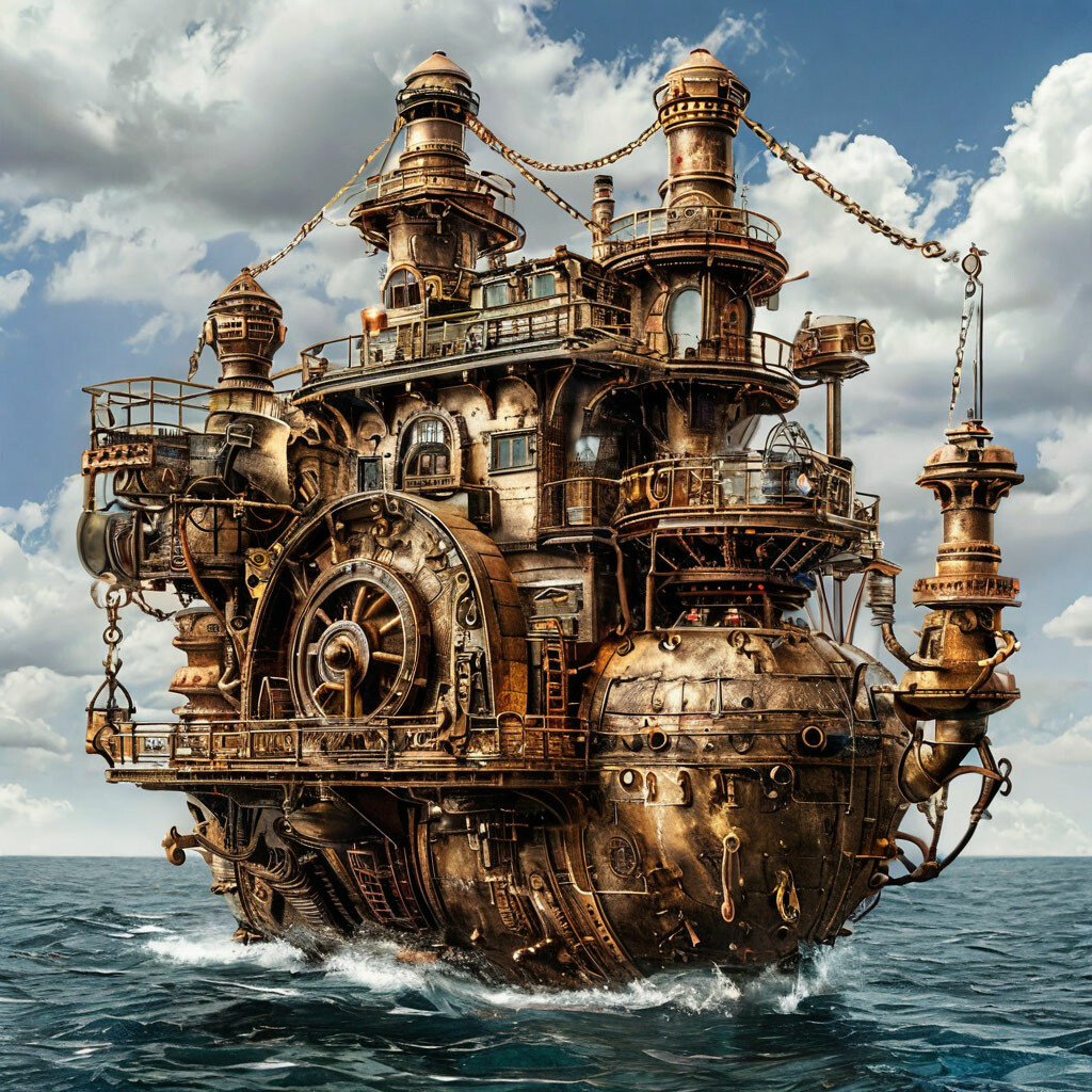 "Steampunk ship Wheels Pipes Gears sensors Small houses steam engine ...