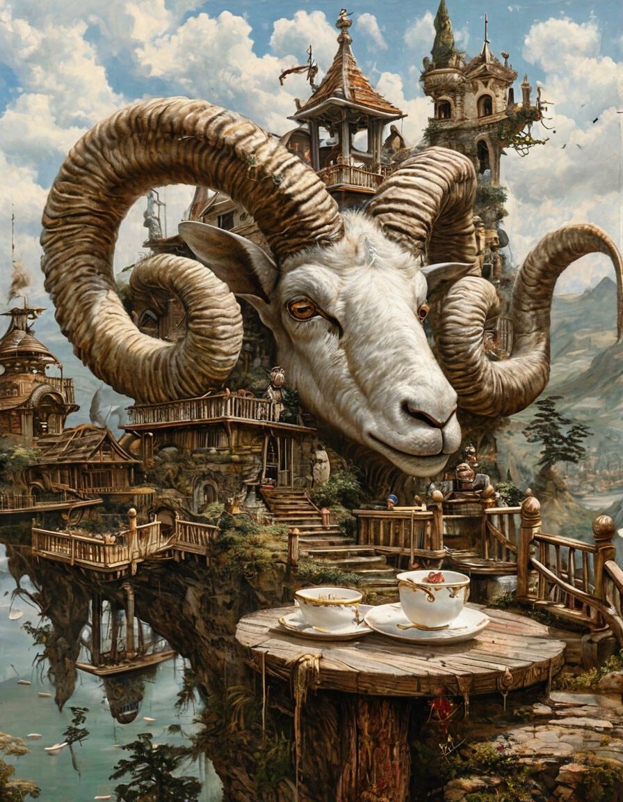 "Close-up of a ram's head little men built a village on giant ram horns ...