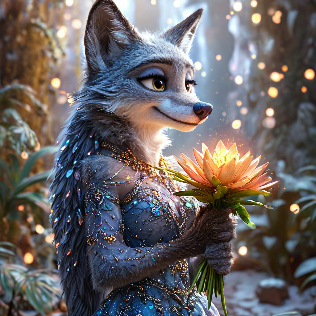 "An anthropomorphic beautiful furry wolf, dressed in a crystal dress ...