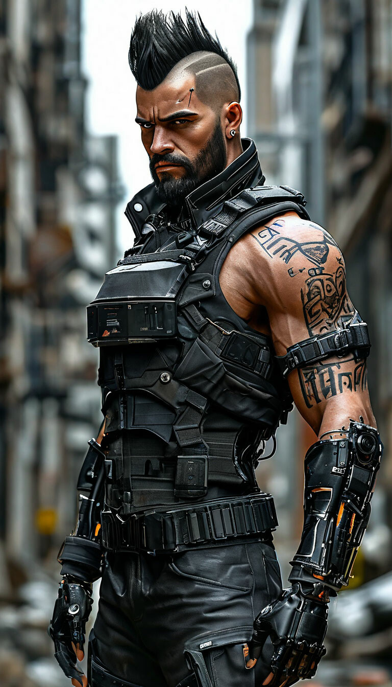 "An android, muscular with a mohawk on his head, in a black vest, full ...
