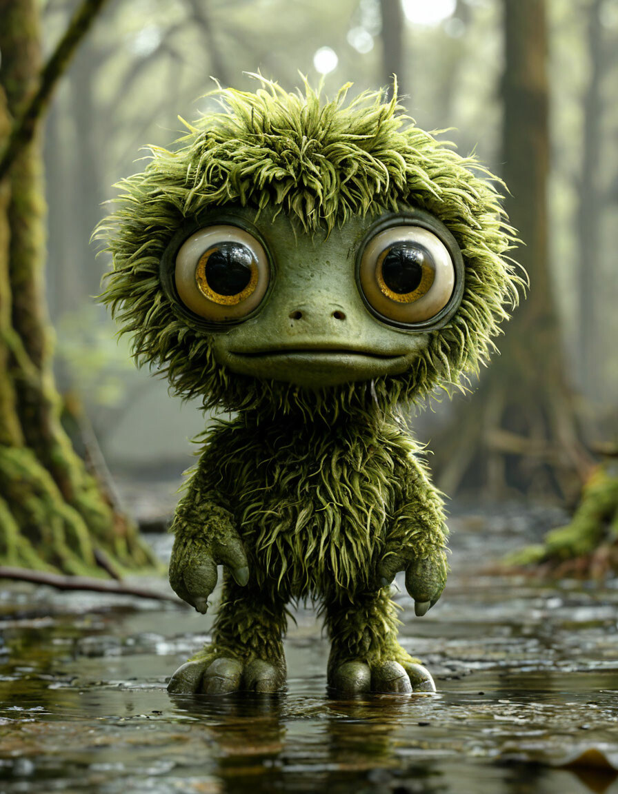 "A cute swamp monster, depicted in the…" — image created in Shedevrum