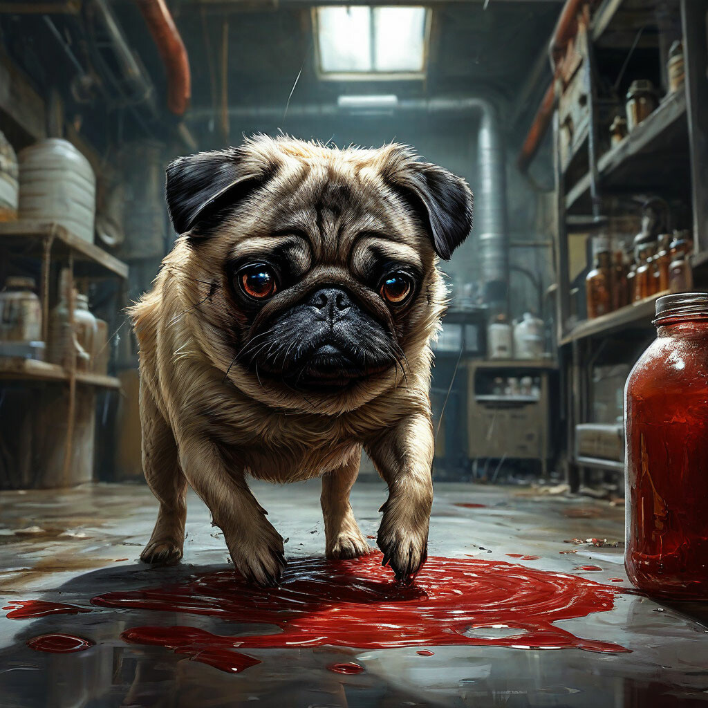 "A mutant pug comes out of a broken laboratory capsule, only the shadow ...