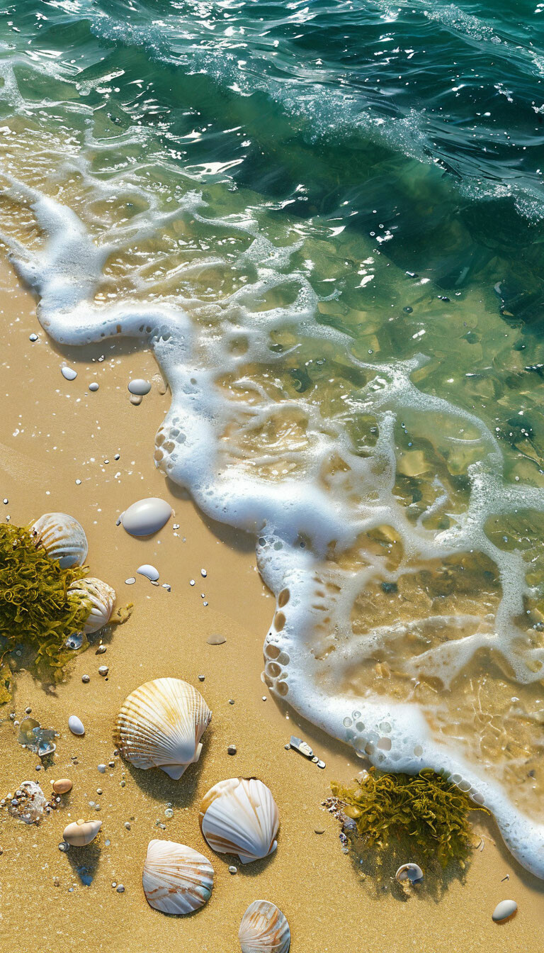 pale yellow sand, piles of algae on the sand, pebbles and shells, shore,day,sea,soft,sparkles ...