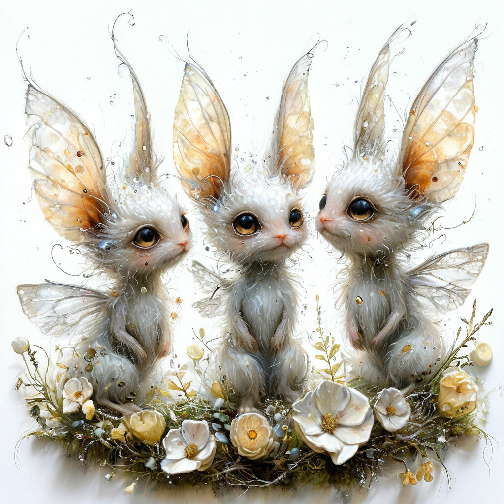 "Tiny fluffy three zoomorphic micro creatures-imps a symbiosis of light ...