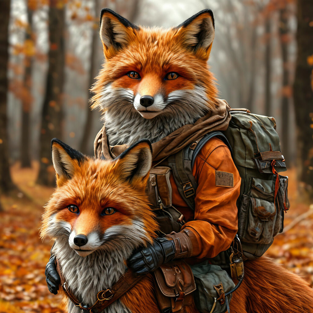 "A fox riding a fox with a backpack in the shape of a fox" — image ...