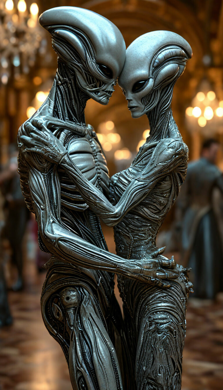 "The alien is gray, dancing a tango with a gorgeous super model at the ...
