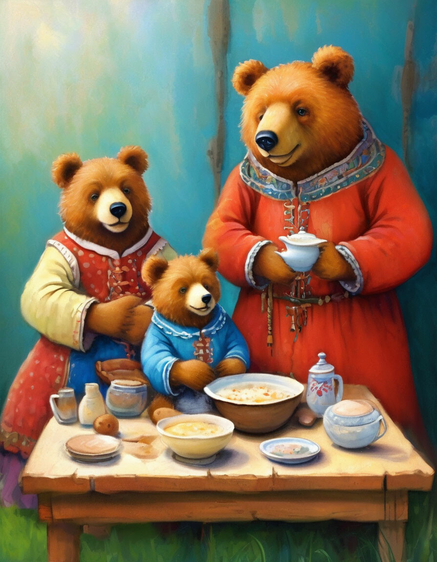 "A naive illustration from a children's book, a fairy tale, a family of ...