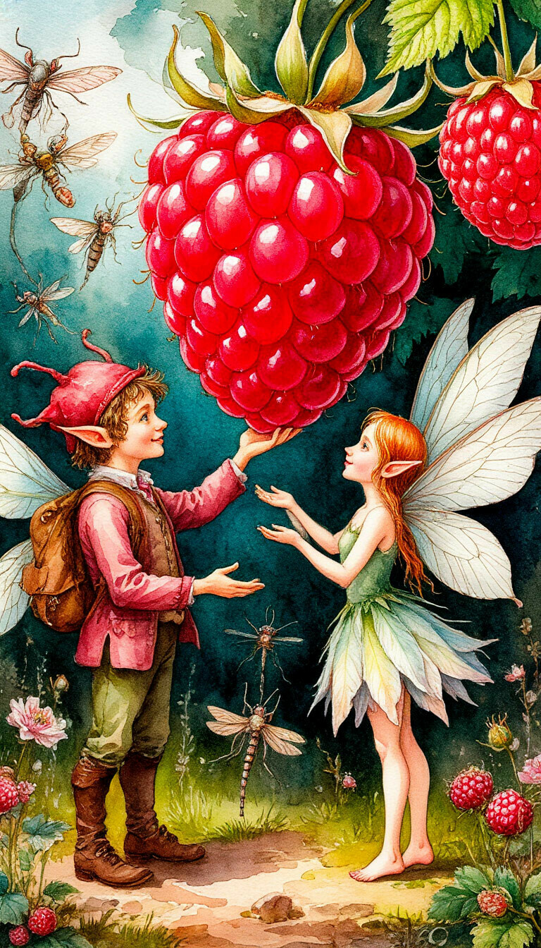 "🫥 watercolour Pixie guy holds out a huge raspberry berry to a ...