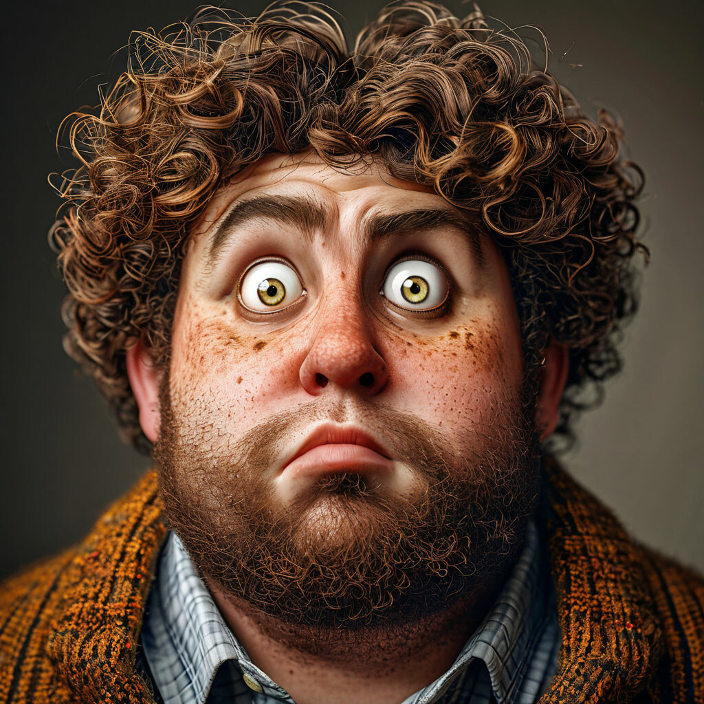 "Fat cross-eyed man with curly hair …" — image created in Shedevrum