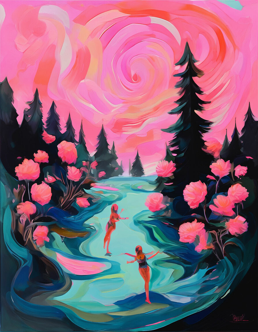 "Primitive collage layering, Neon visions in a swirl of peony petals ...