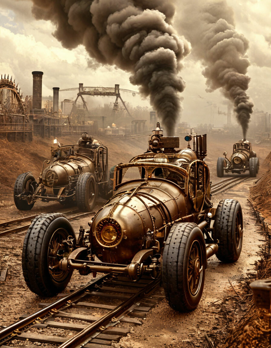 "Steampunk racing track several steam-powered cars of unrealistic ...