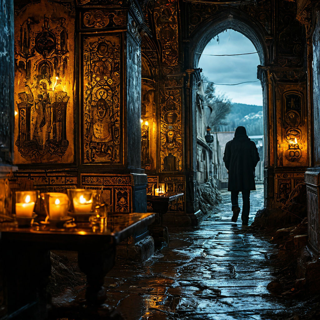 "A man alone inside, monastery, …" — image created in Shedevrum