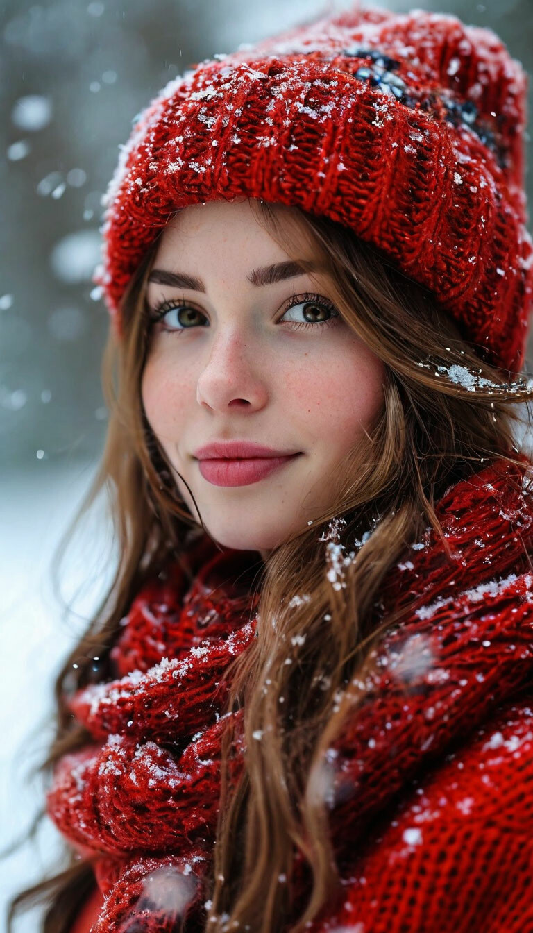 "Sweet, innocent, modest smile, red, young woman, snow" — image created ...