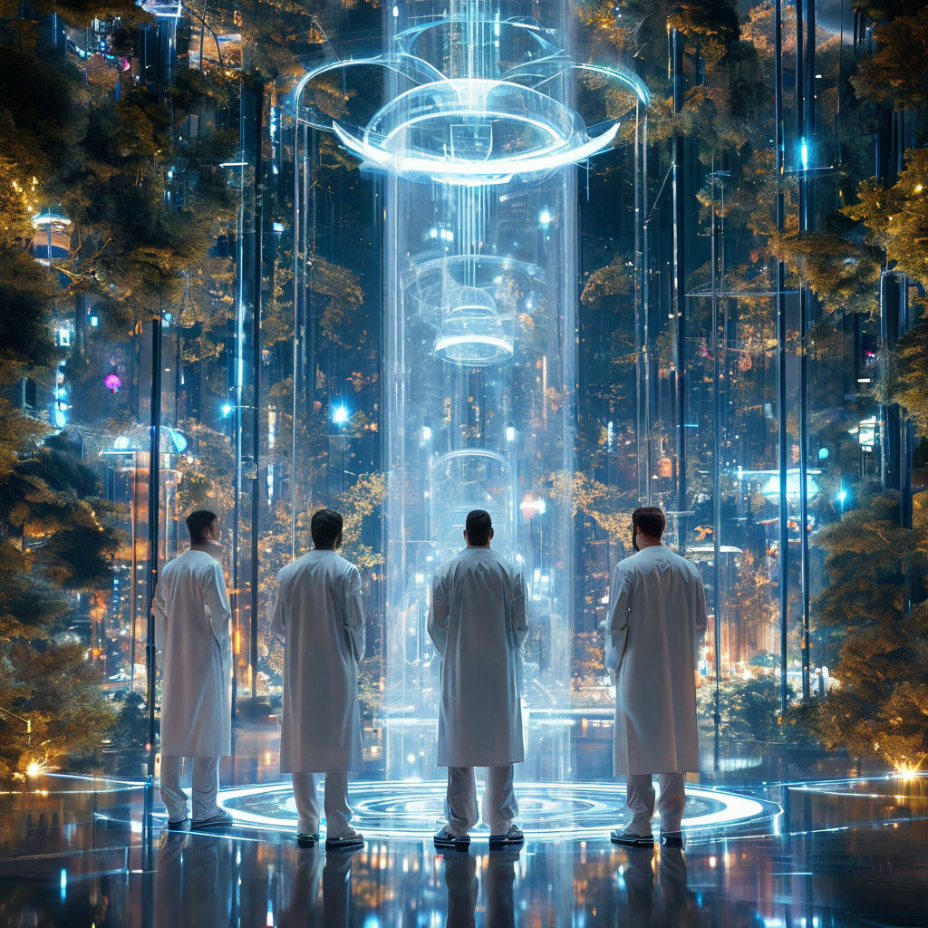 "Doctors of the future in white coats of the future on the surface of ...