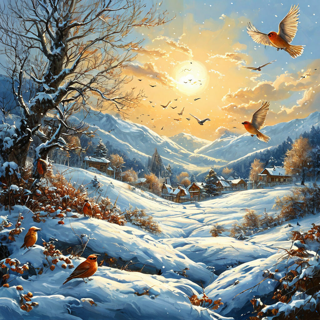 "Winter theme, birds, the sun is shining, the wind is blazing" — image ...