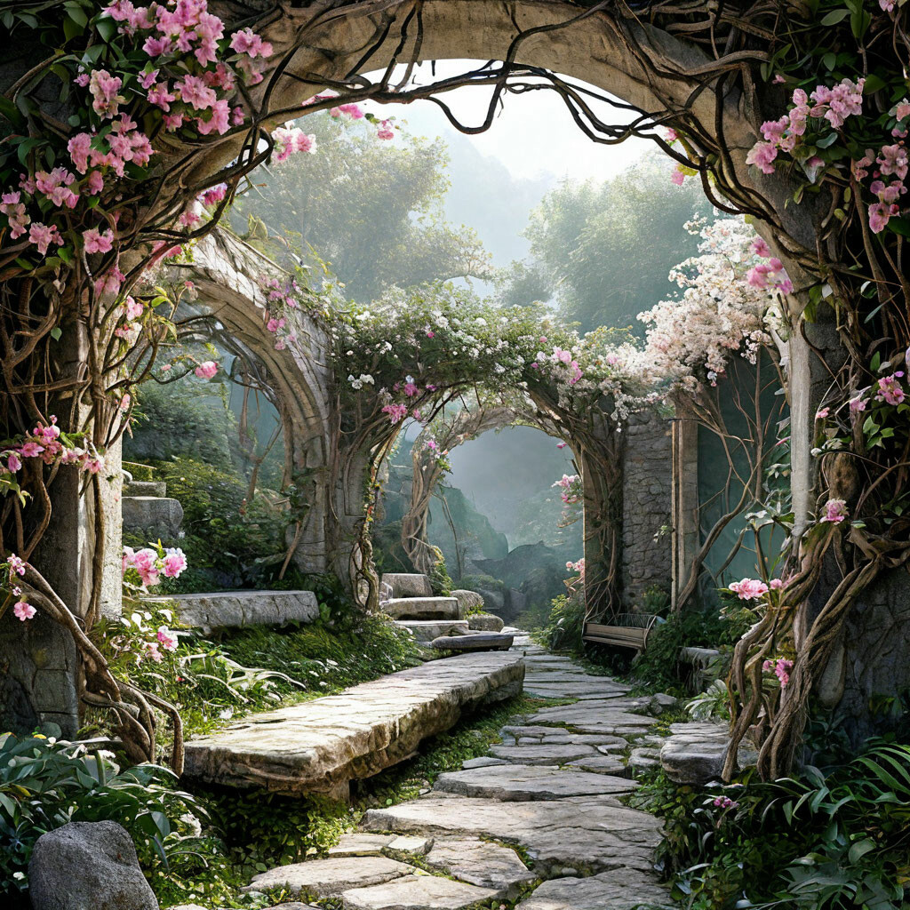 "A fantasy garden on a slope, a height difference, retaining walls of ...