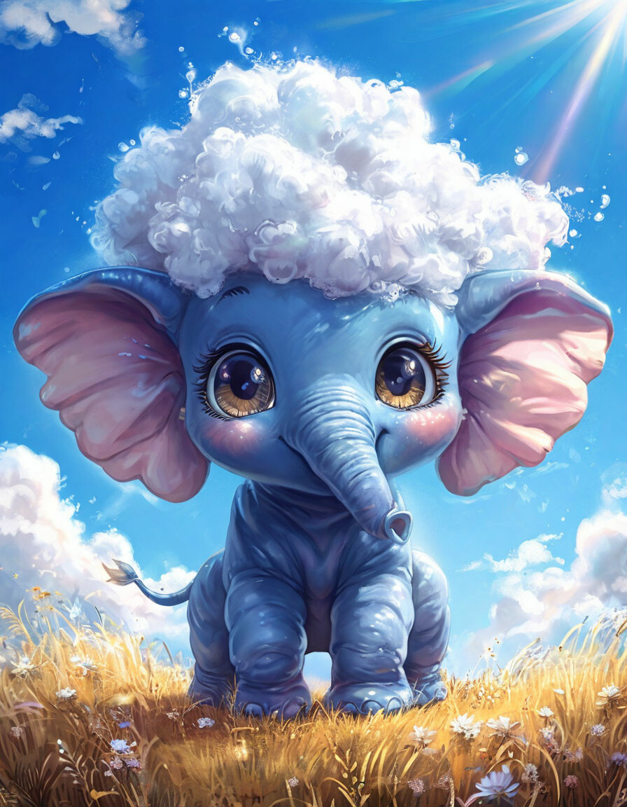 "Azure sky,steam cloud in the form of a small elephant chibi,cute ...