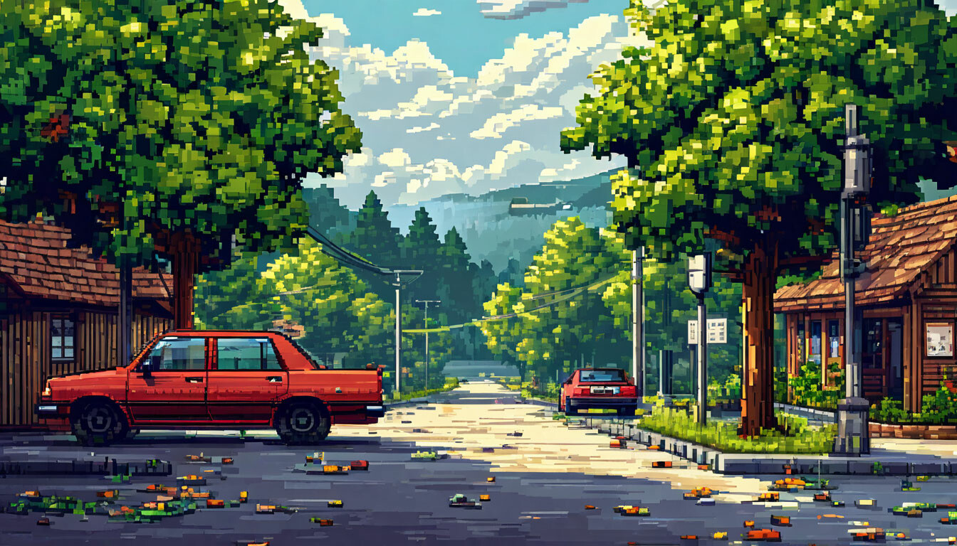 "Panoramic view, road, pixel art, вид сбоку, car, pixel art, side view ...