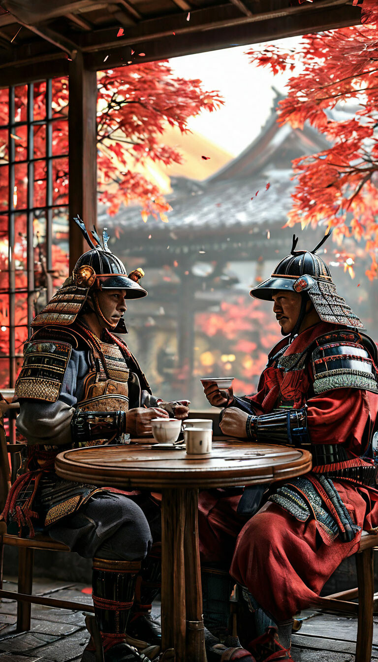 "💫 land of the rising sun, two samurai drinking tea at a cafe table ...