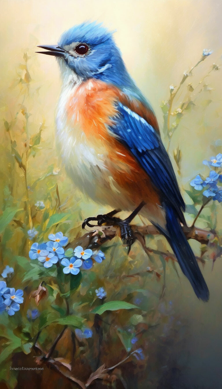 academic painting, botany, glare, glow, a beautiful bird is sitting on ...