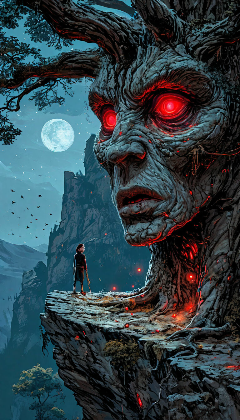 "Macro, on the cliff ancient tree, …" — image created in Shedevrum