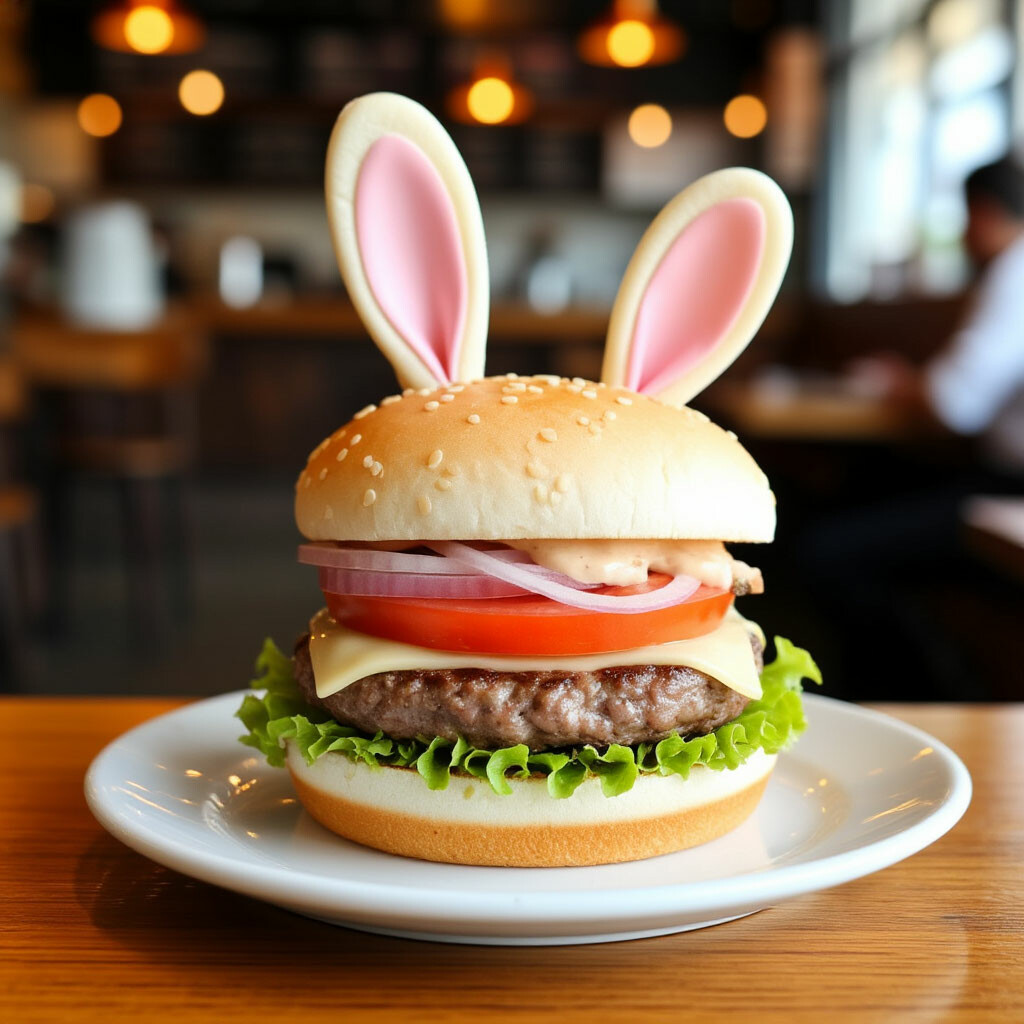 "Order 001 burger with white colored burger stands with rabbit ears ...