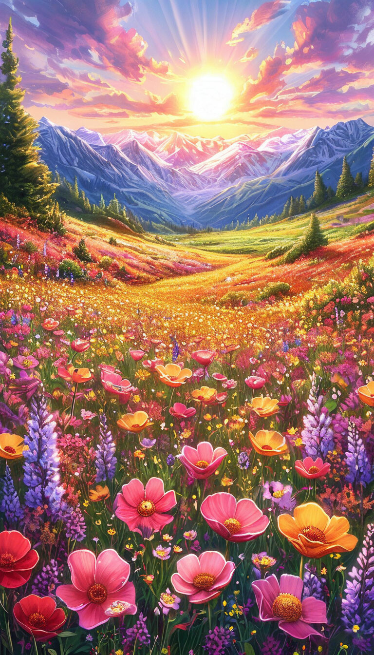 "A bright field of wild flowers in spring with a variety of colors ...