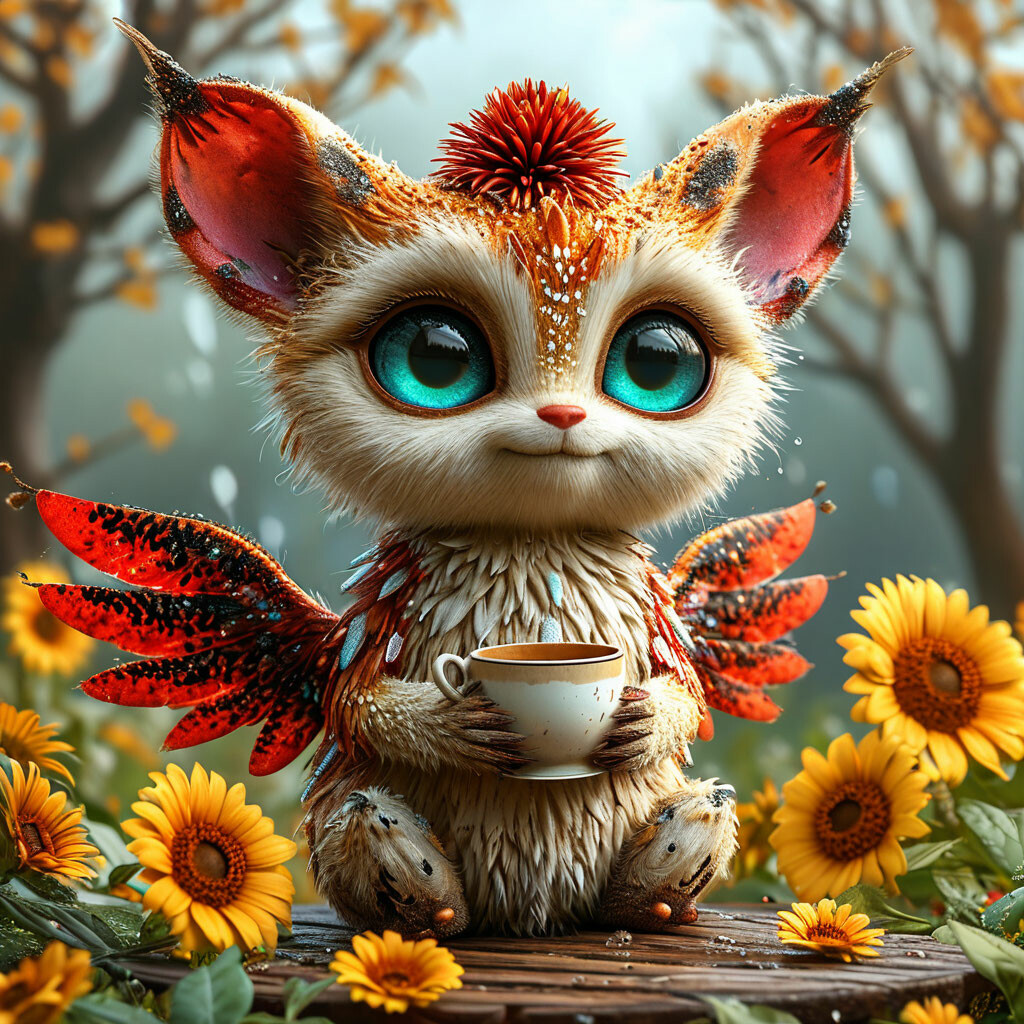 "A cute alien creature in feathers and down, a small red ball of down ...