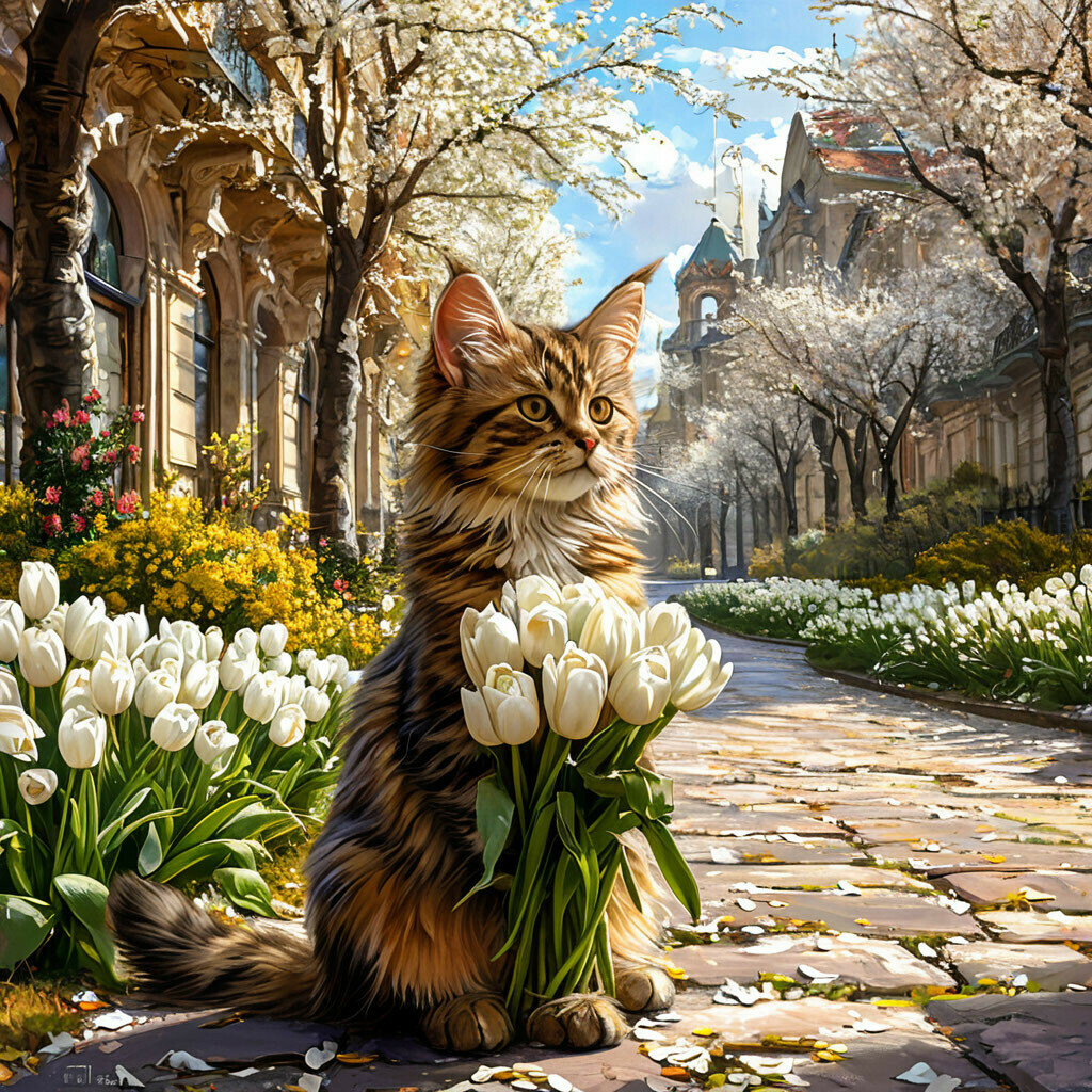 "Spring... a city, a beautiful old boulevard, a Meikun cat holding a ...