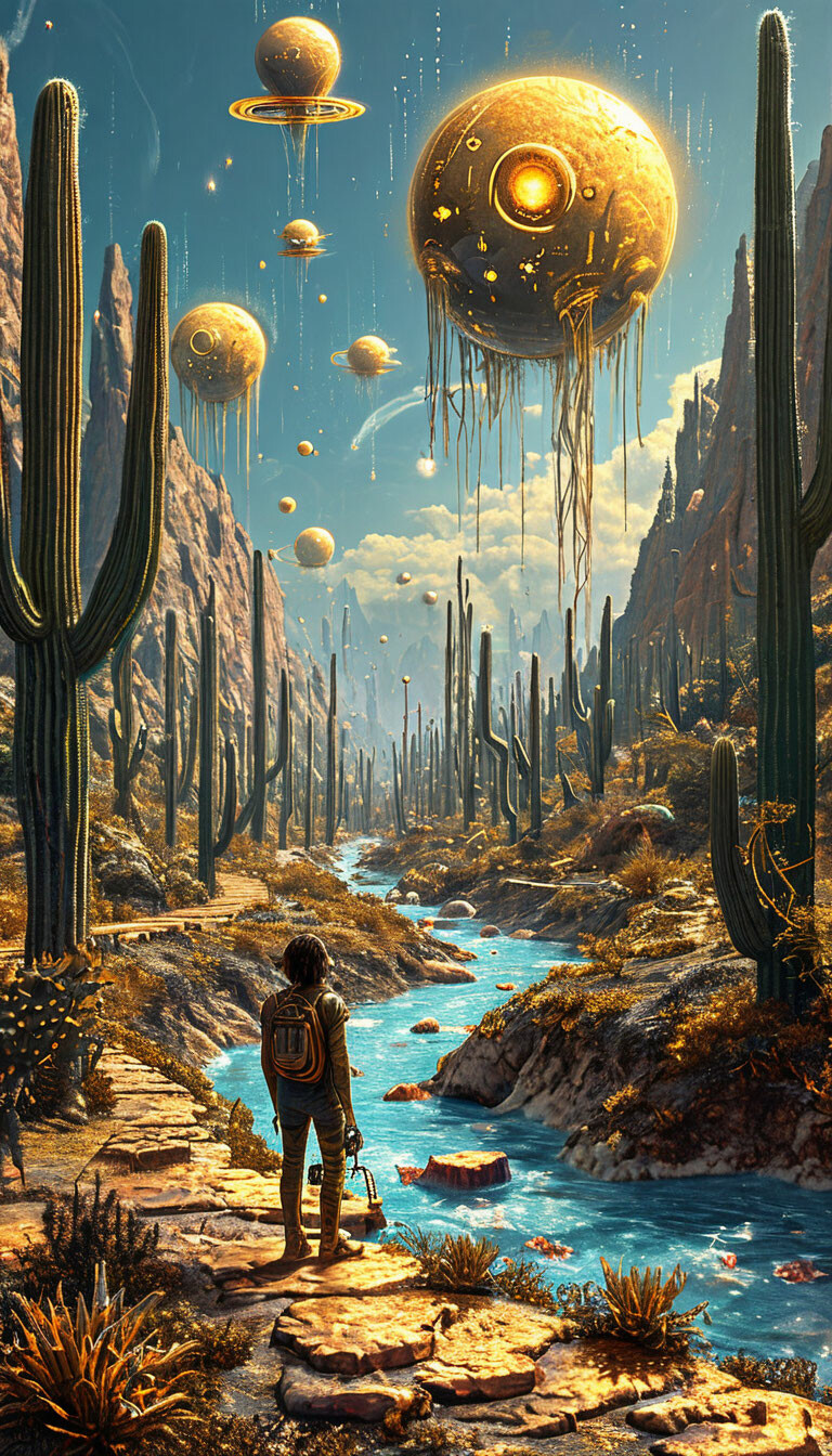 "A surreal landscape where a river of molten gold flows through a ...