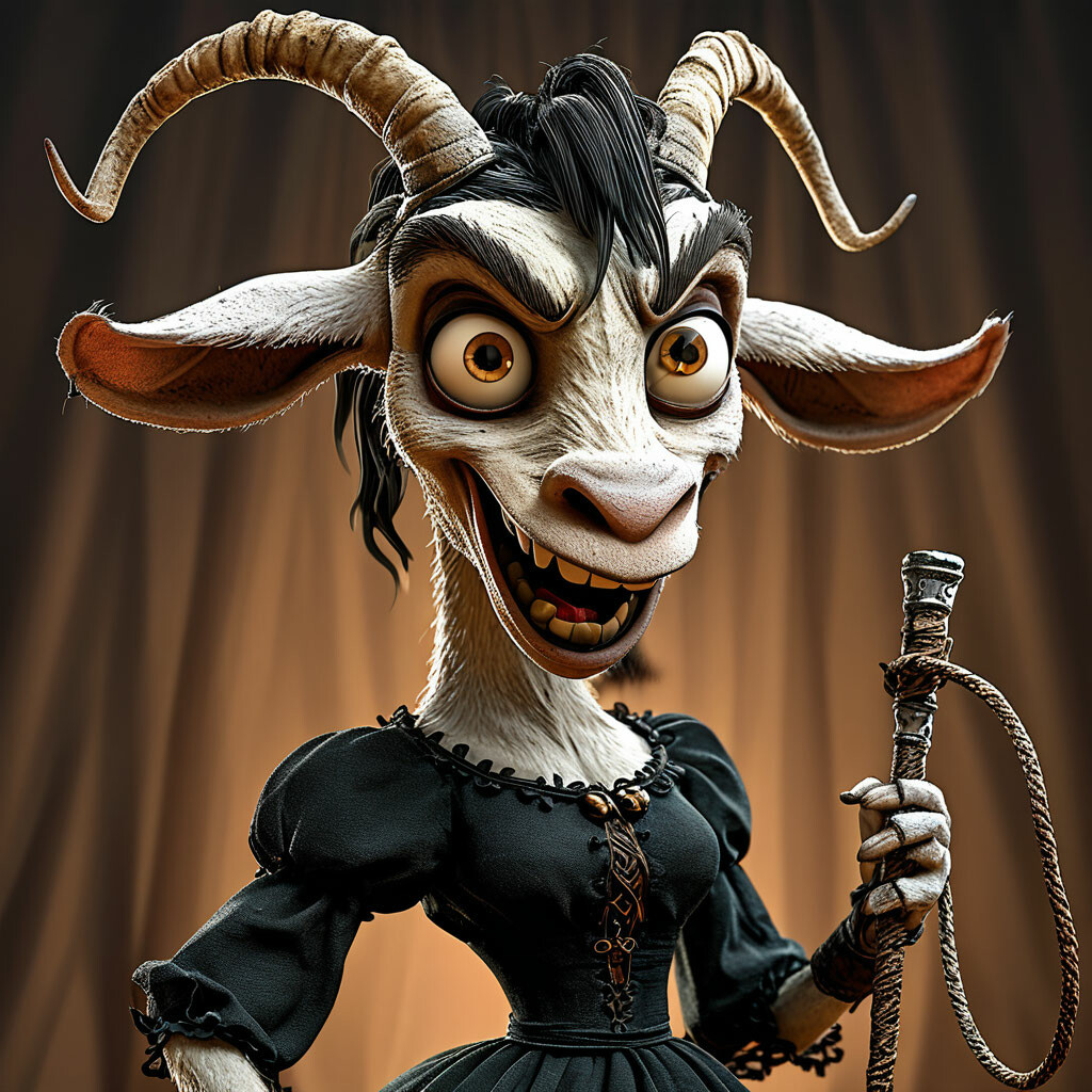 "A scary evil cartoon goat in a black dress holds a whip in its hoof ...