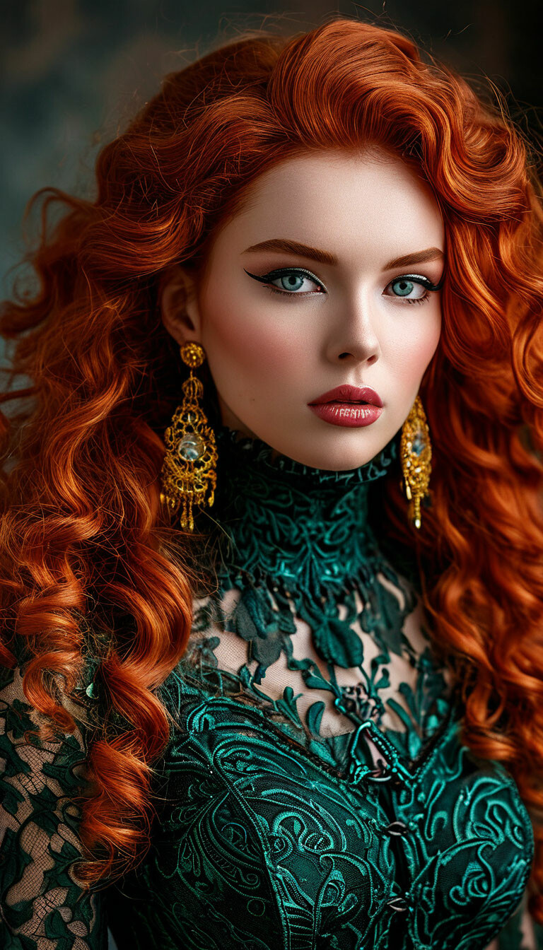 ". A beautiful girl with fluffy red mega long curly locks. Her makeup ...