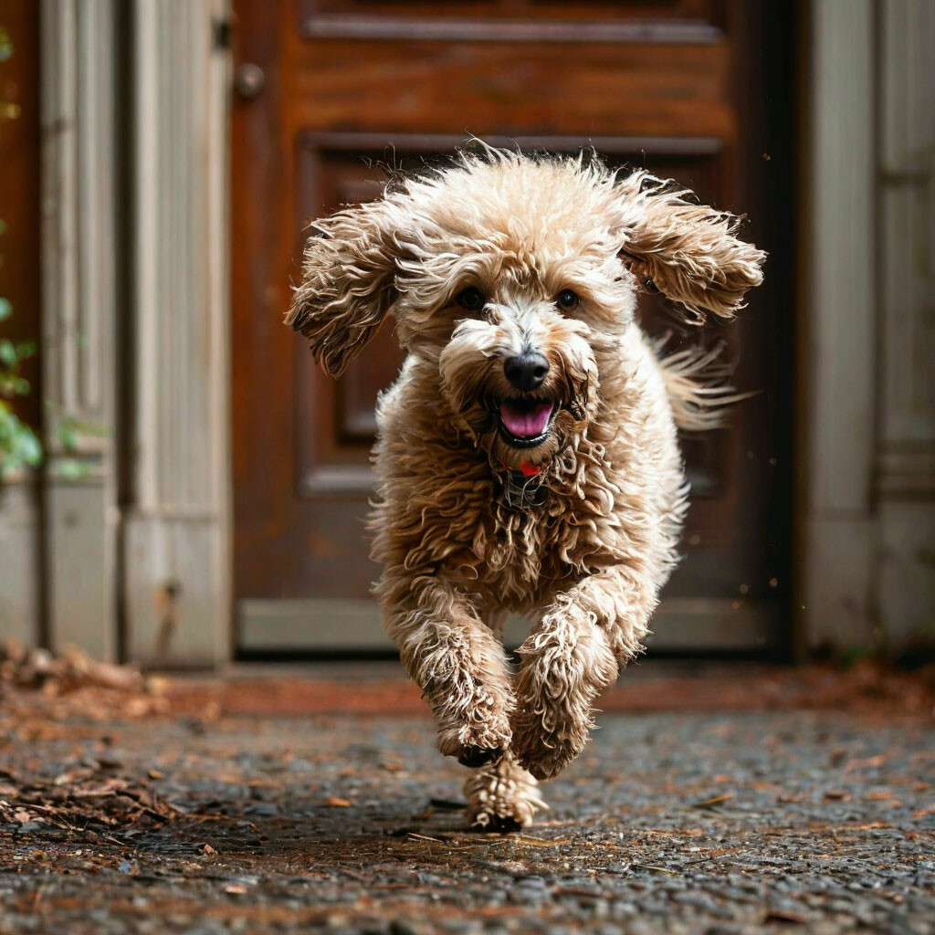 "A disheveled poodle dog runs towards the door" — image created in ...
