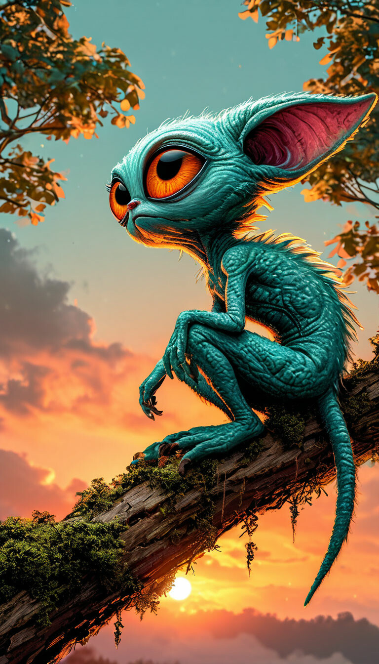 "Alien fluff sits on a tree and looks at the sunset, crimson, light ...