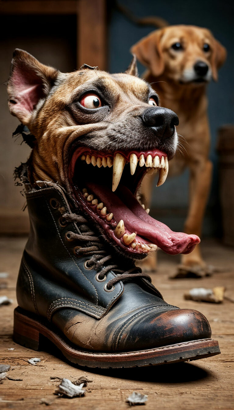 "An evil tattered toothy shoe gnaws the tail of a dog, absurdity, humor ...