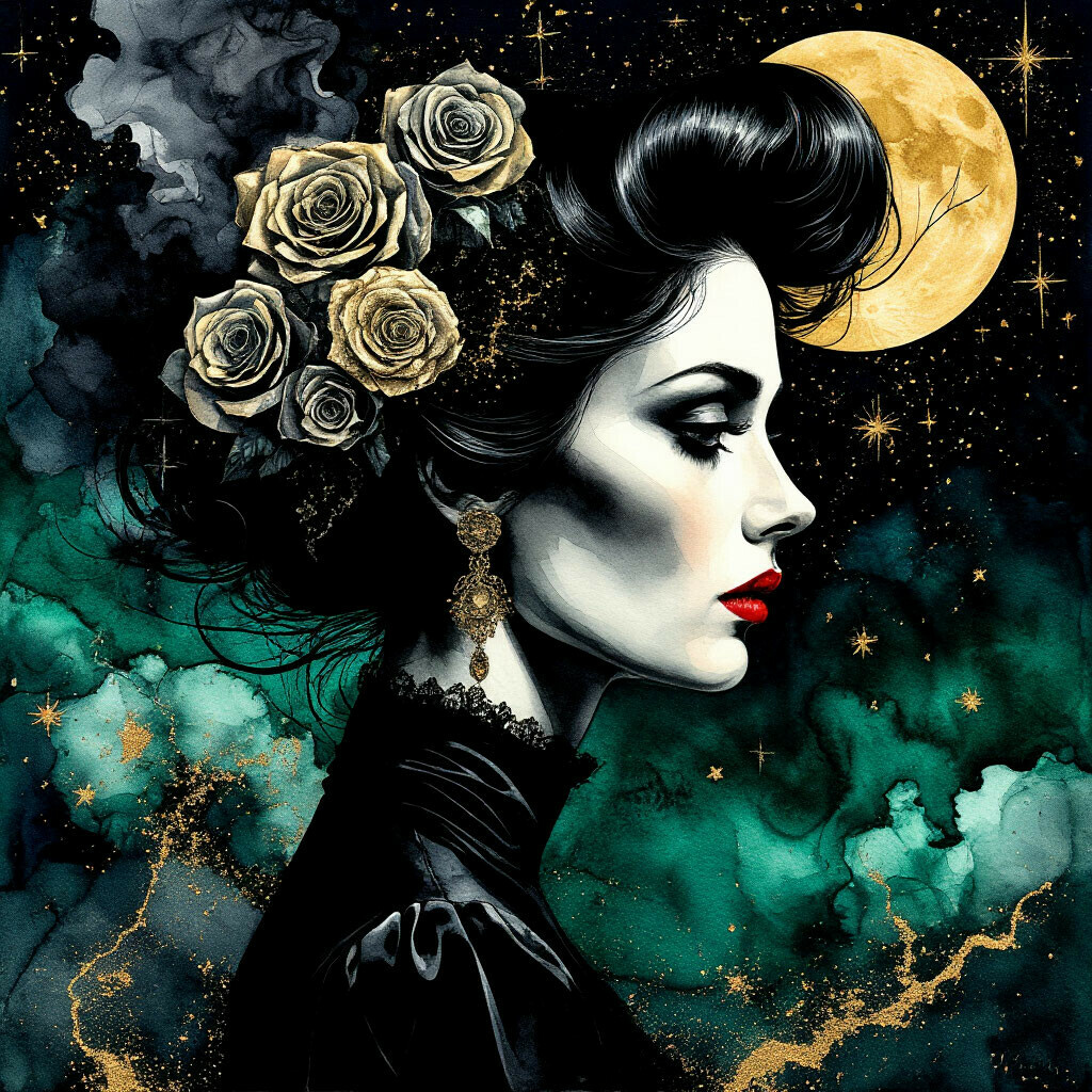 "Daniel Egneus style, portrait of a woman in profile, black, surrealism ...