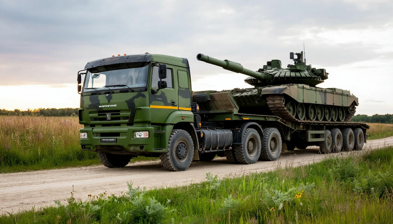 "KAMAZ-65225 in camouflage carries a T-72B3 semi-trailer" — image ...