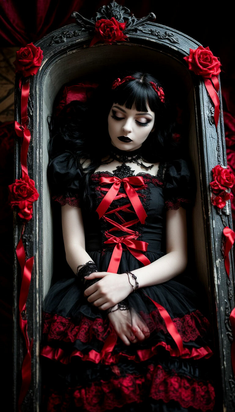 «Goth girl sleeping in coffin, black gothic coffin, red decorations ...