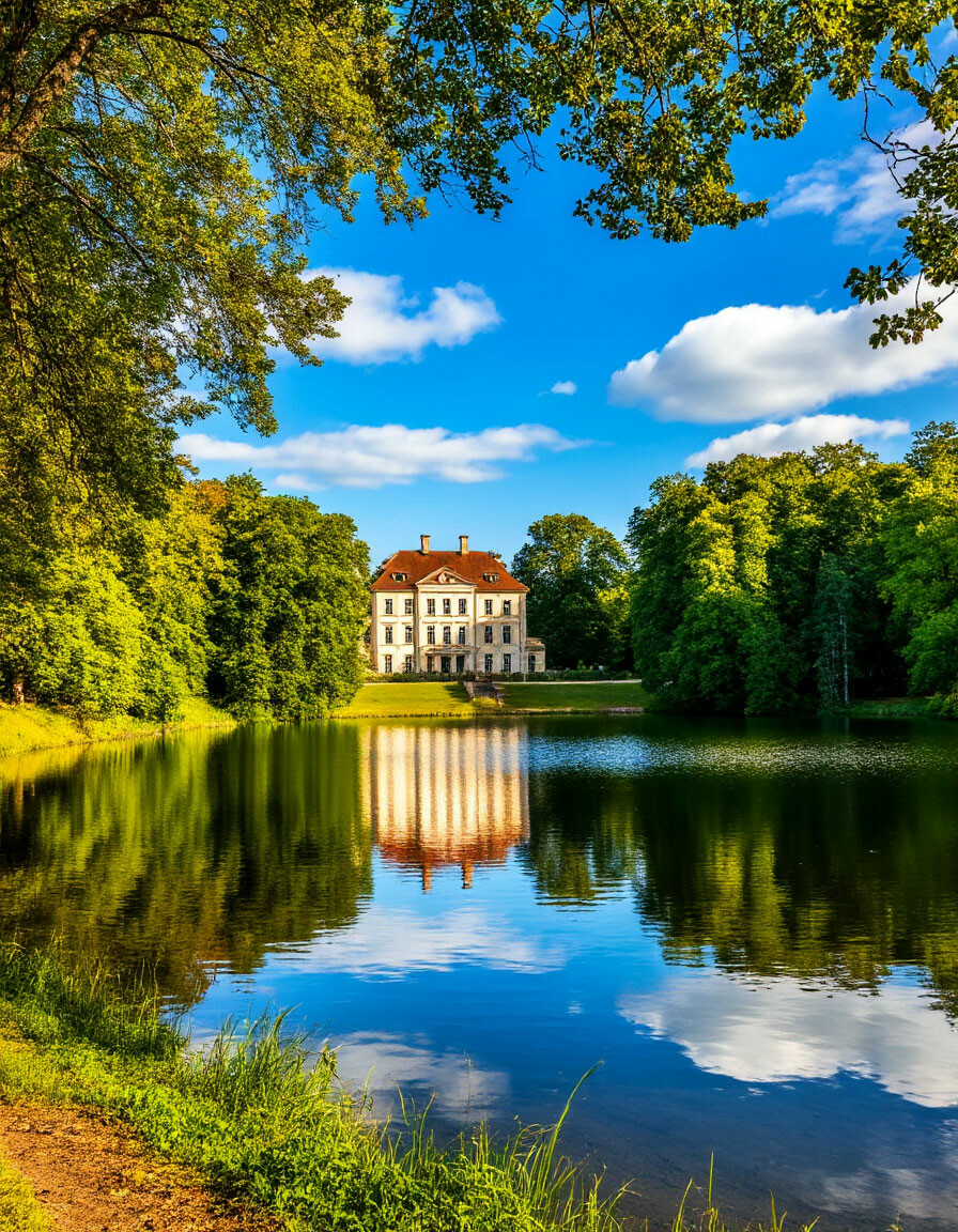 " ️ a forest and a lake overlooking a beautiful manor. professional ...